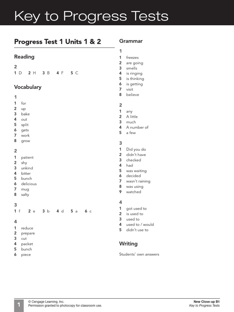 Progress Tests Answer Key | PDF
