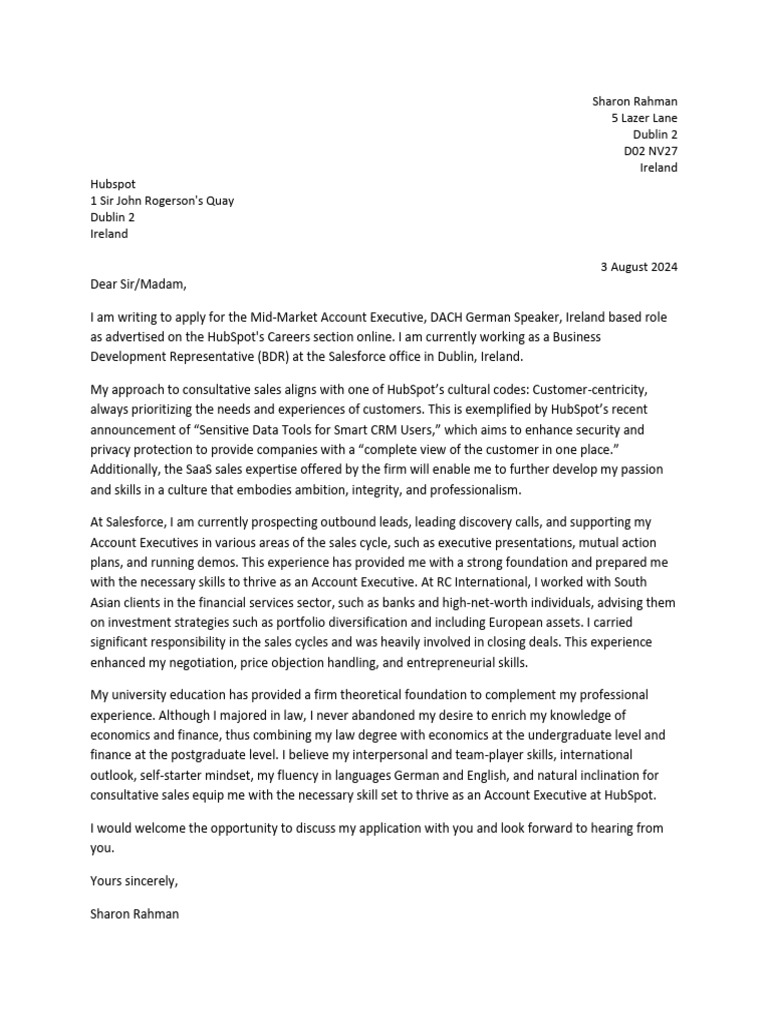 Hubspot German Speaker AE Cover Letter 2024 | PDF