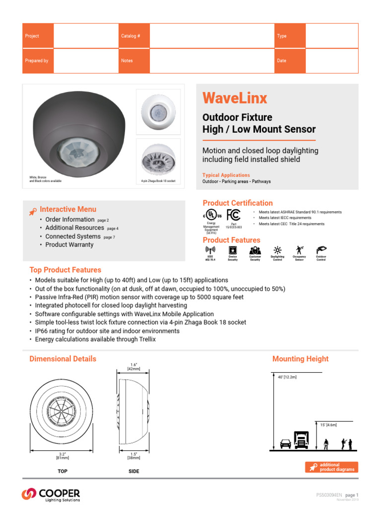 WaveLinx Outdoor Fixture Sensor Specsheet | PDF