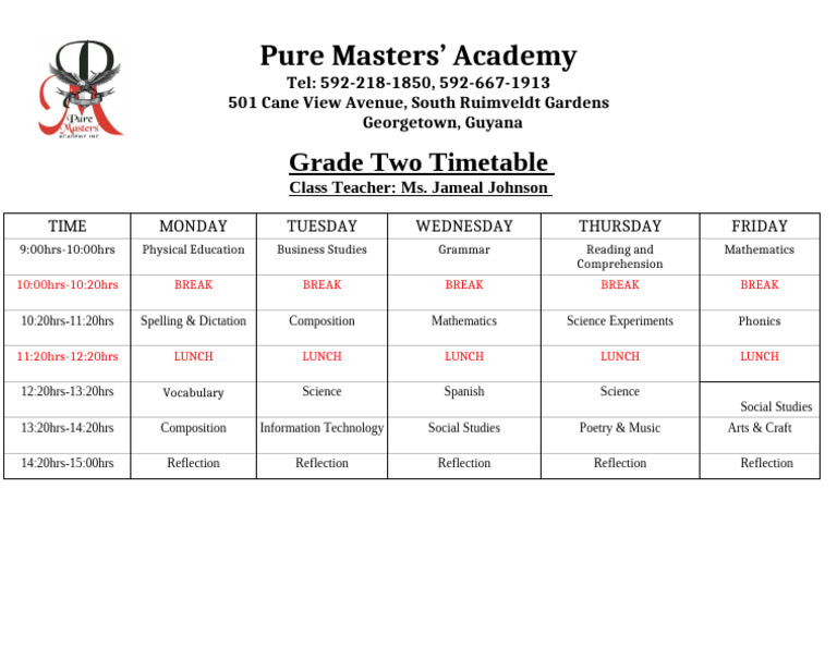 Grade Two (2) Timetable 2024-2025 | PDF