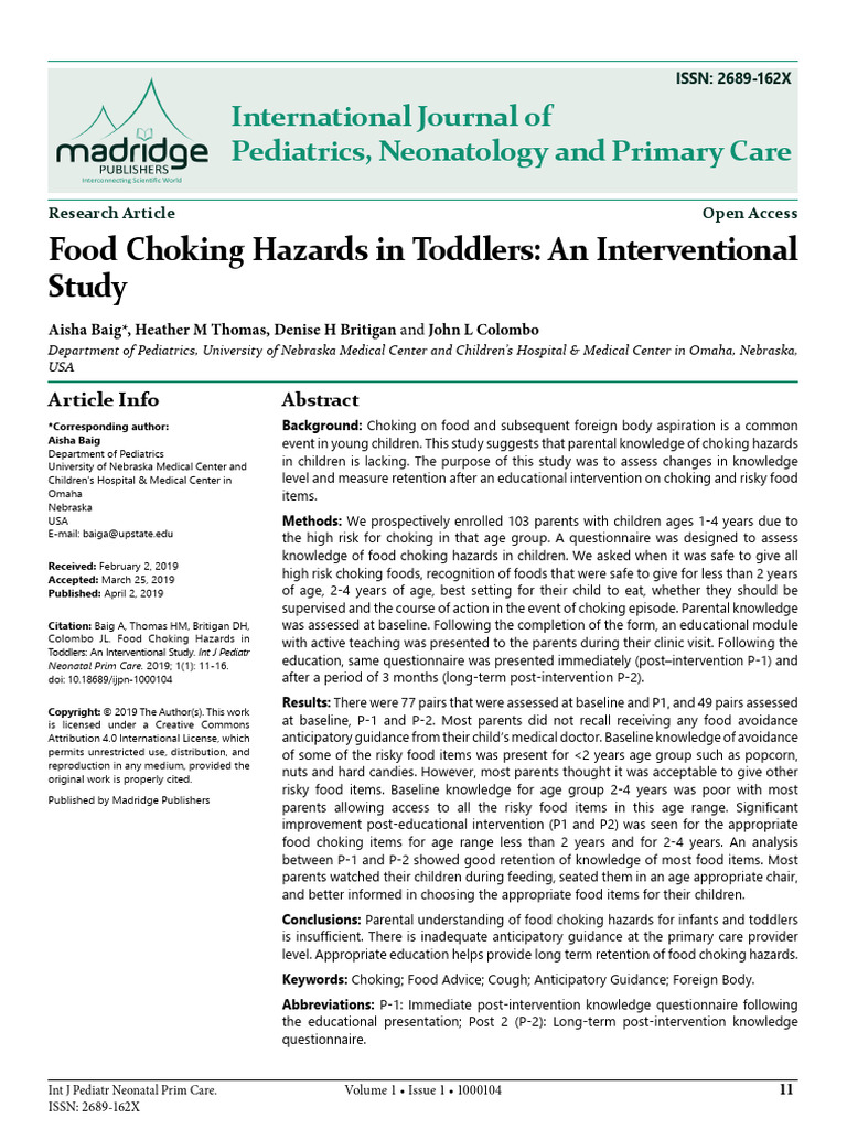 Food Choking Hazards in Toddlers- An Interventional Study Prevention of unintentional injuries ...