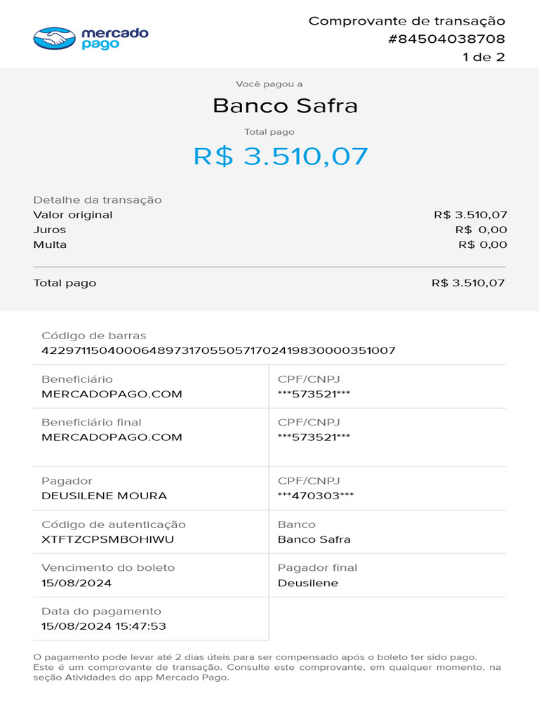 Comprovante Mercado Pago | PDF