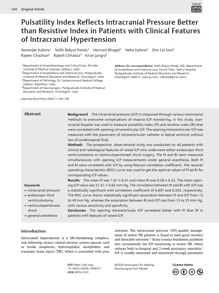 Pulsatility Index Reflects Intracranial Pressure B | PDF