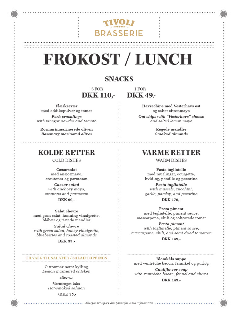 Tivoli Brasserie Frokost Menu 2023 | PDF | Alimentos | Cocina