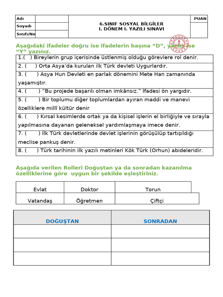 6 Snfsosyalbilgiler1 Dnem1 Yazl | PDF