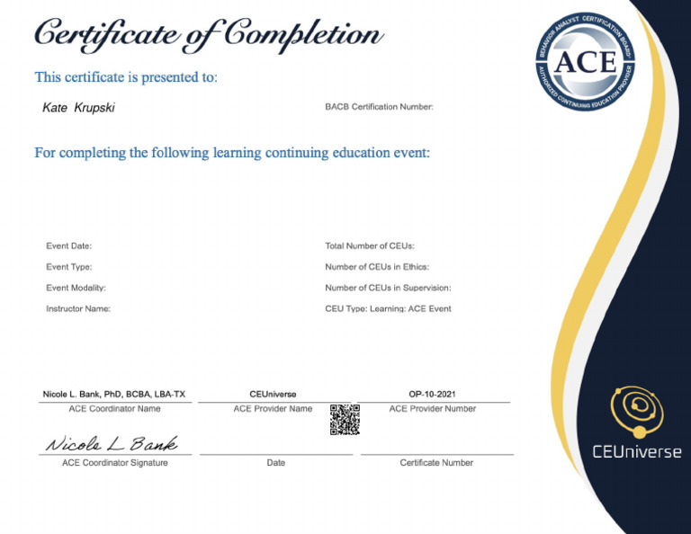 Kate Krupski Training The Parent Trainer Certificate of Completion CEU ...