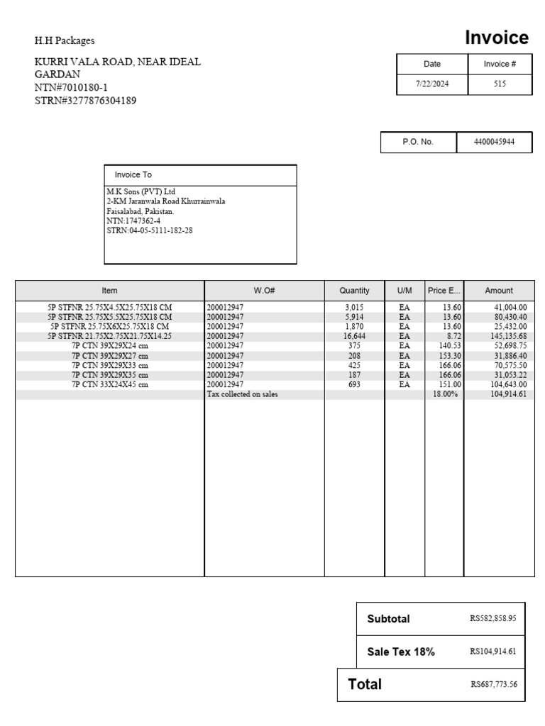 Invoice: H.H Packages Kurri Vala Road, Near Ideal Gardan NTN#7010180-1 STRN#3277876304189 | PDF