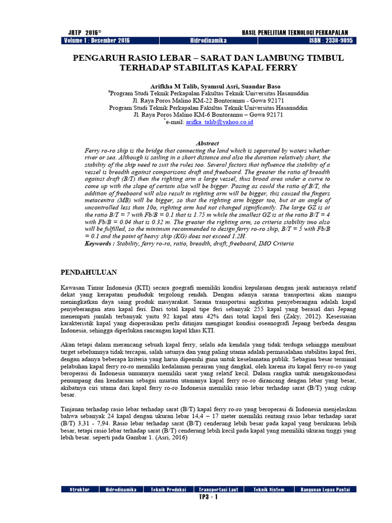 Pengaruh Rasio Rasio B/T Dan Freeboard Terhadap Stabilitas Kapal Ferry | PDF | Sains & Matematika