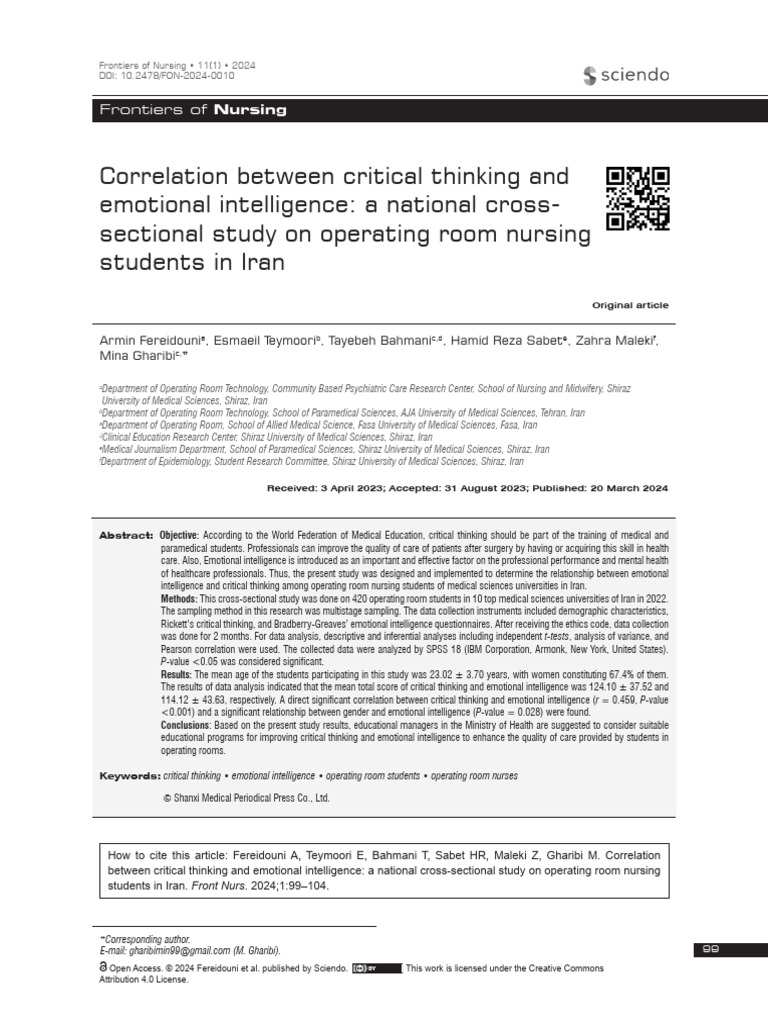 Correlation Between Critical Thinking and Emotional Intelligence A National Cross-Sectional ...
