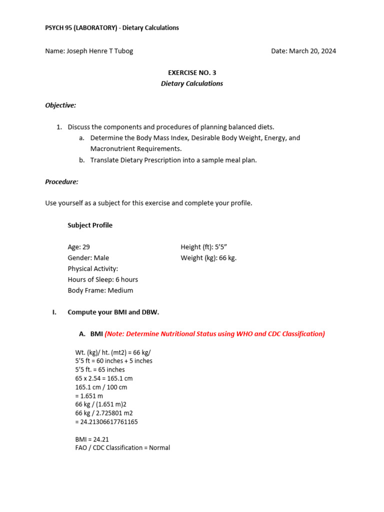Exercise No. 3 - Dietary Calculations | PDF