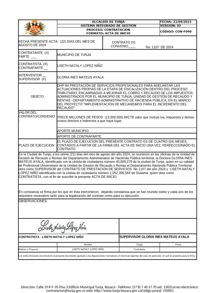 Acta de Inicio Liseth c2 | PDF