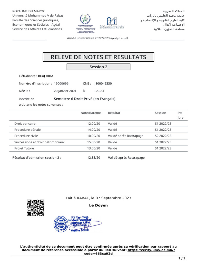 Releve de Notes Et Resultats: Session 2 | PDF