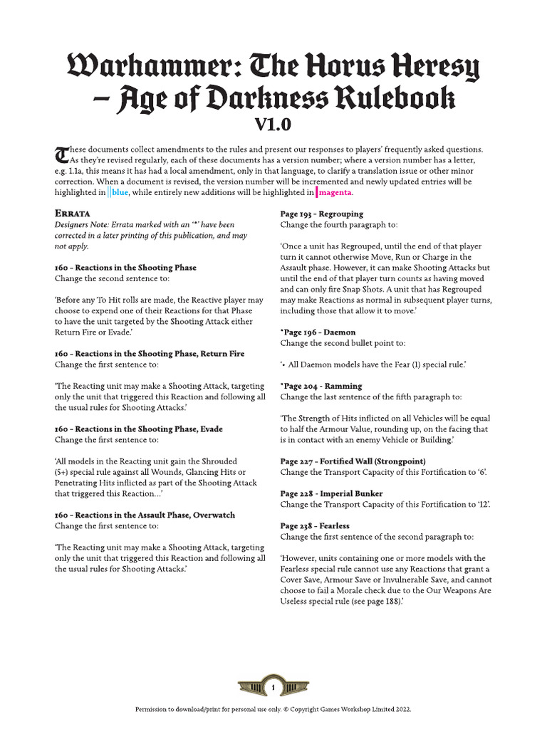 FAQ The Horus Heresy Age of Darkness Rulebook v1 | PDF