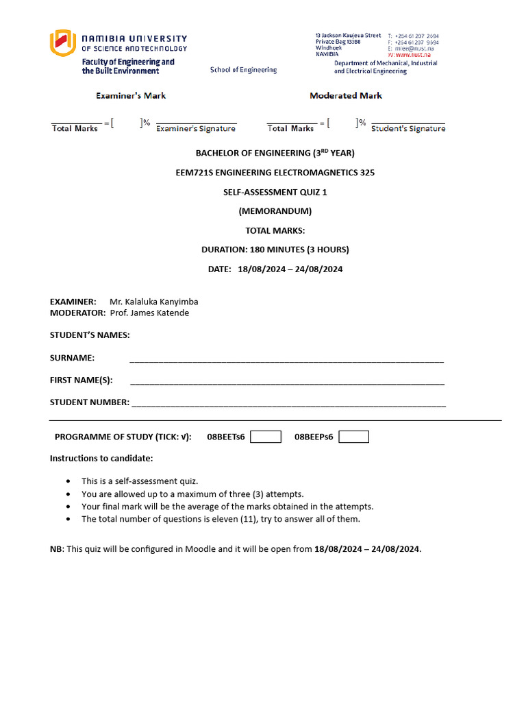 EEM721S Self-Assessment Quiz 1 Sem-2 - 2024 - Final - Memo | PDF
