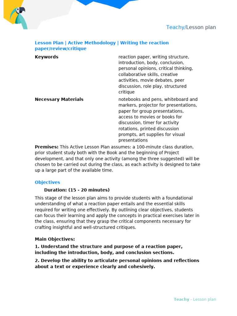 Lesson Plan On Writing Reaction Papers | PDF