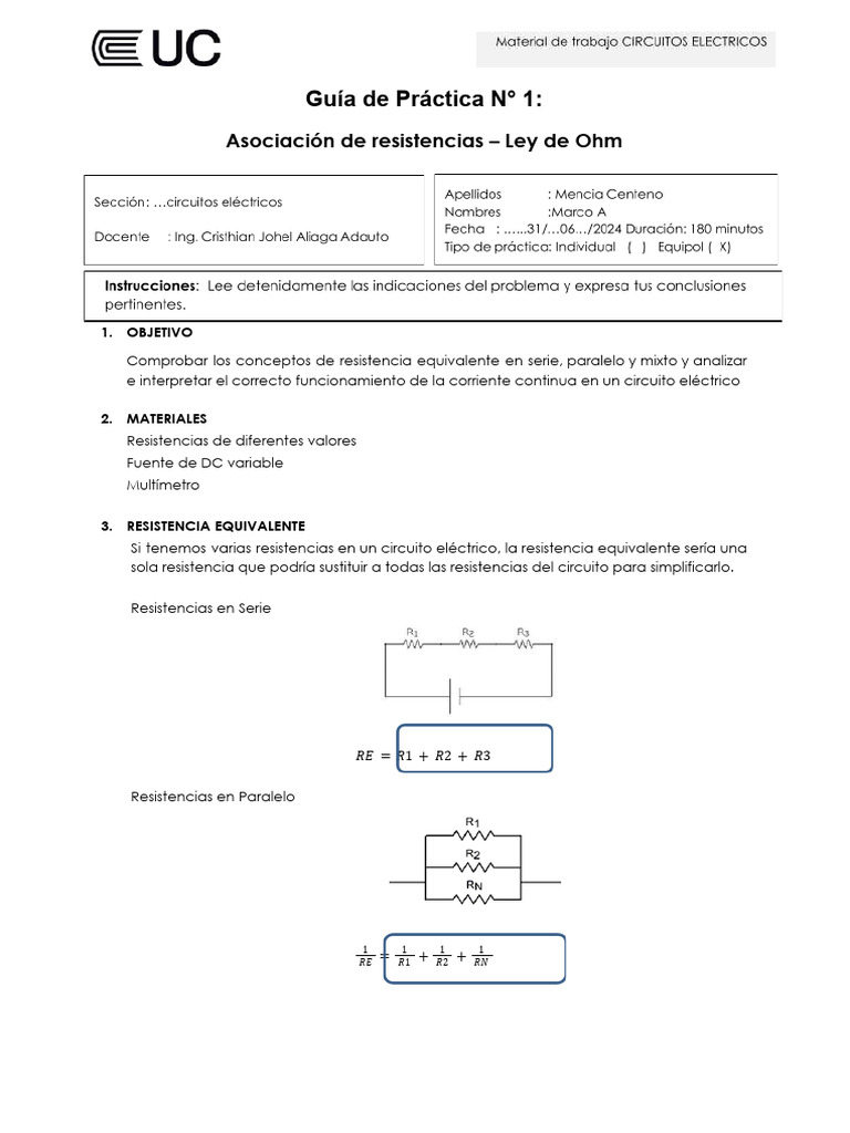 GUIA DE PRACTICA #01 ASOCIACION RESISTENCIAS - Docx (2) - Compressed | PDF