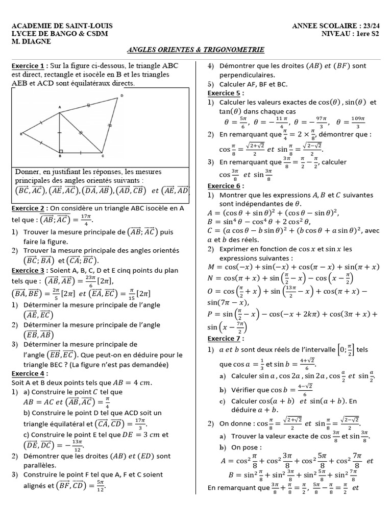 TD - Trigonometrie - 1ere S2 - 2324 - LBango | PDF
