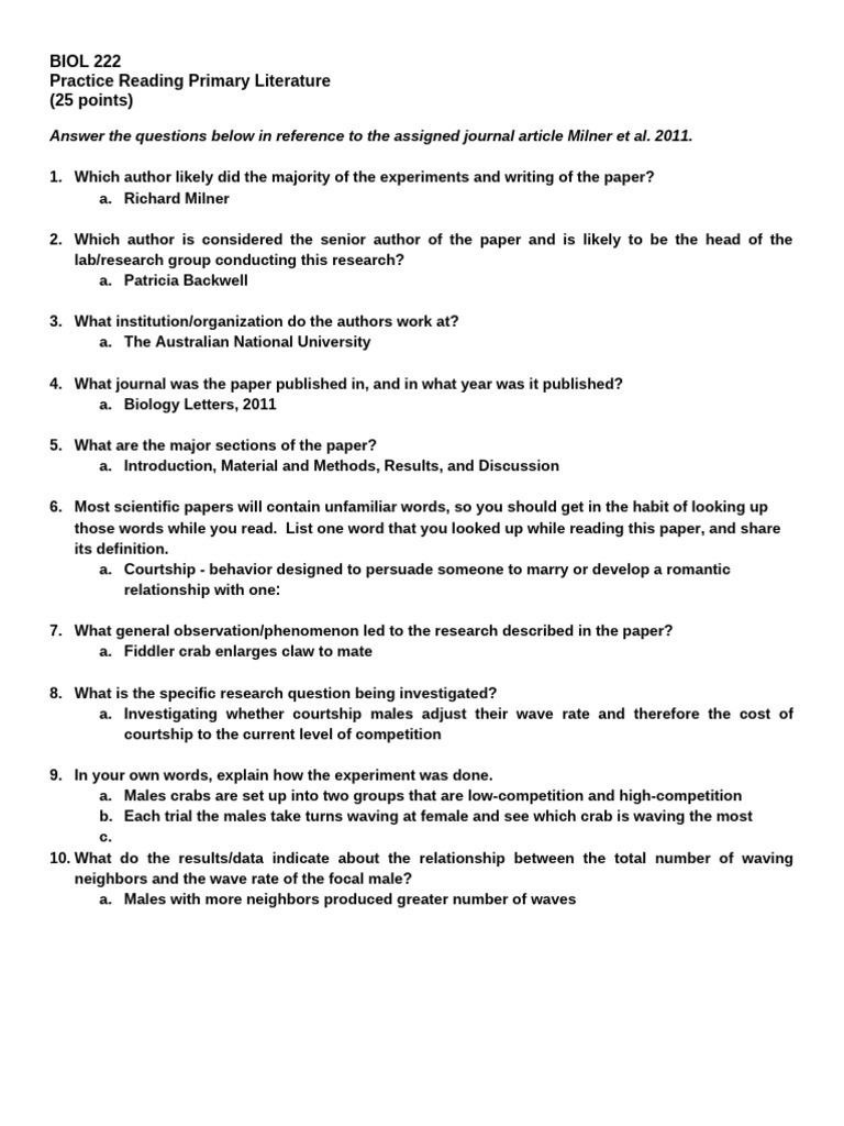 Practice Reading Primary Literature Worksheet | PDF