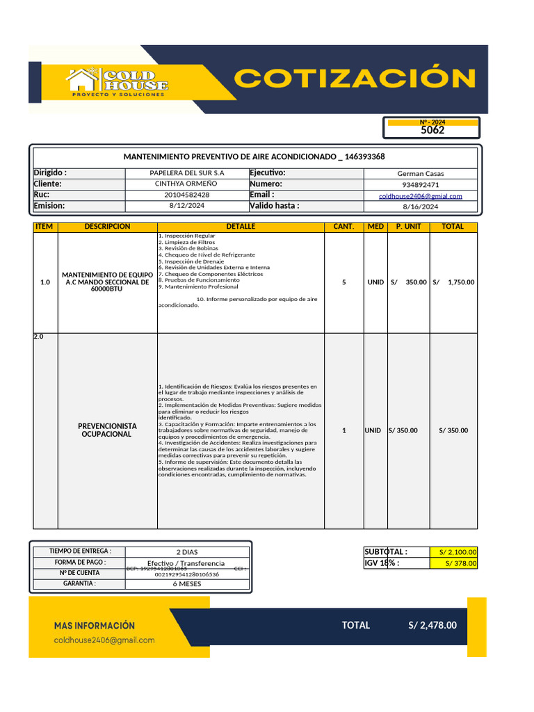 Mantenimiento de Aire Acondicionado - Papelera Del Sur | PDF