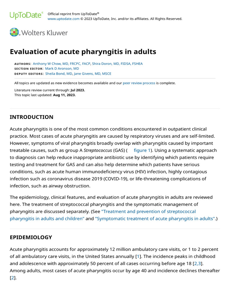 Evaluation of Acute Pharyngitis in Adults - UpToDate | PDF