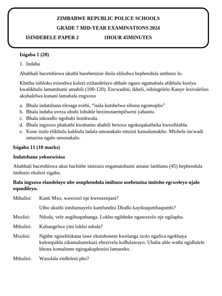 Grade 7 Ndebele P2 Mid-Year 2024 | PDF