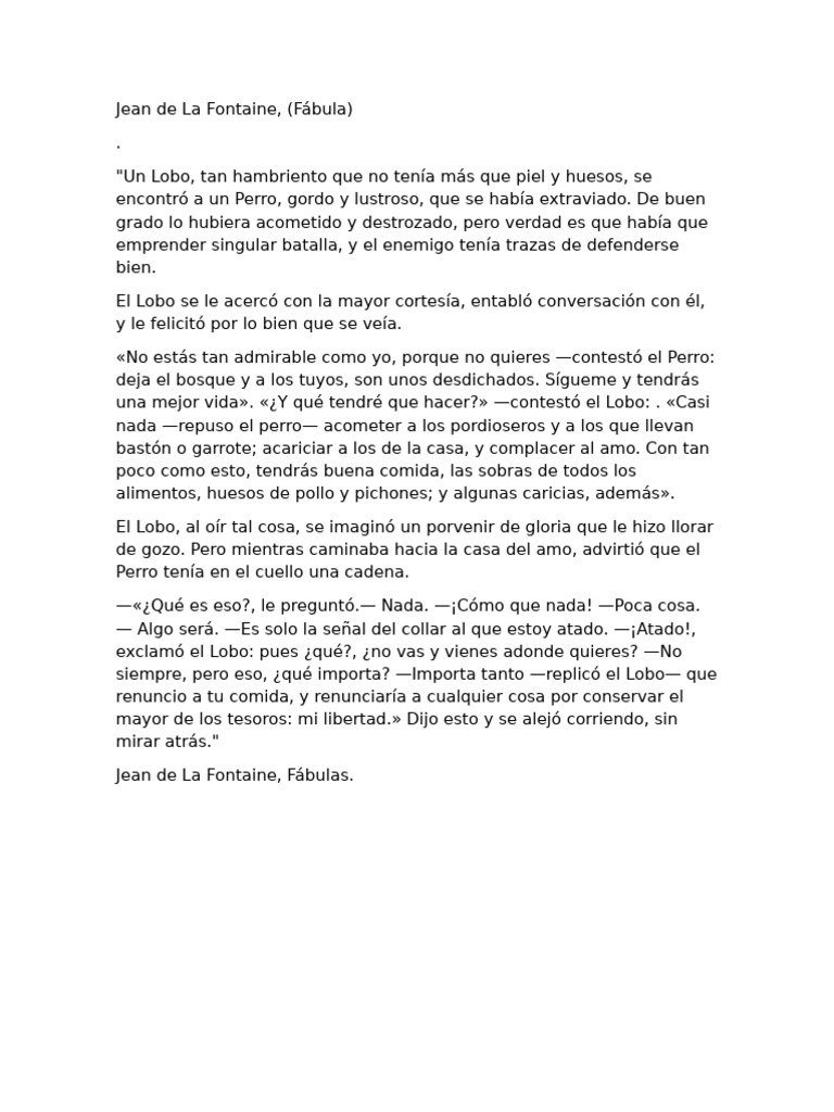 El Lobo y El Perro Fábula Jean de La Fontaine | PDF