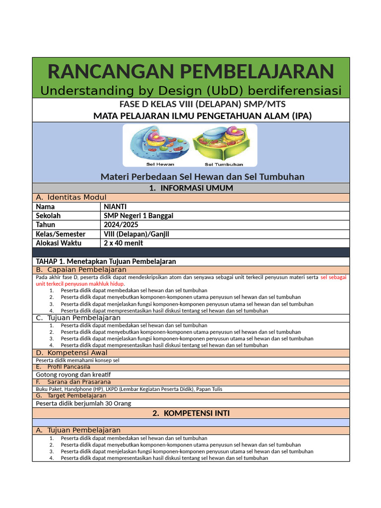 RANCANGAN PEMBELAJARAN UbD BERDIFERENSIASI | PDF
