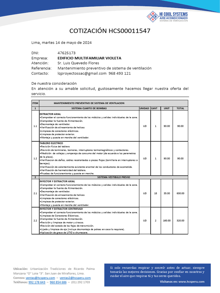 Cotización Servicio de Mantenimiento Preventivo de Sistema de Ventilación - EDIFICIO MULTIFAMI | PDF