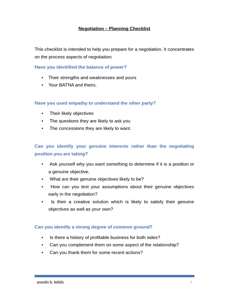 Negotiation - Planning Checklist | PDF