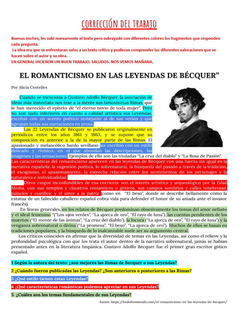 "El Romanticismo en Las Leyendas de Bécquer" (Corrección) | PDF