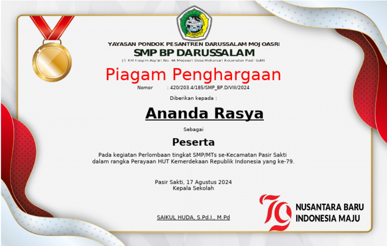 Piagam Penghargaan SMP | PDF