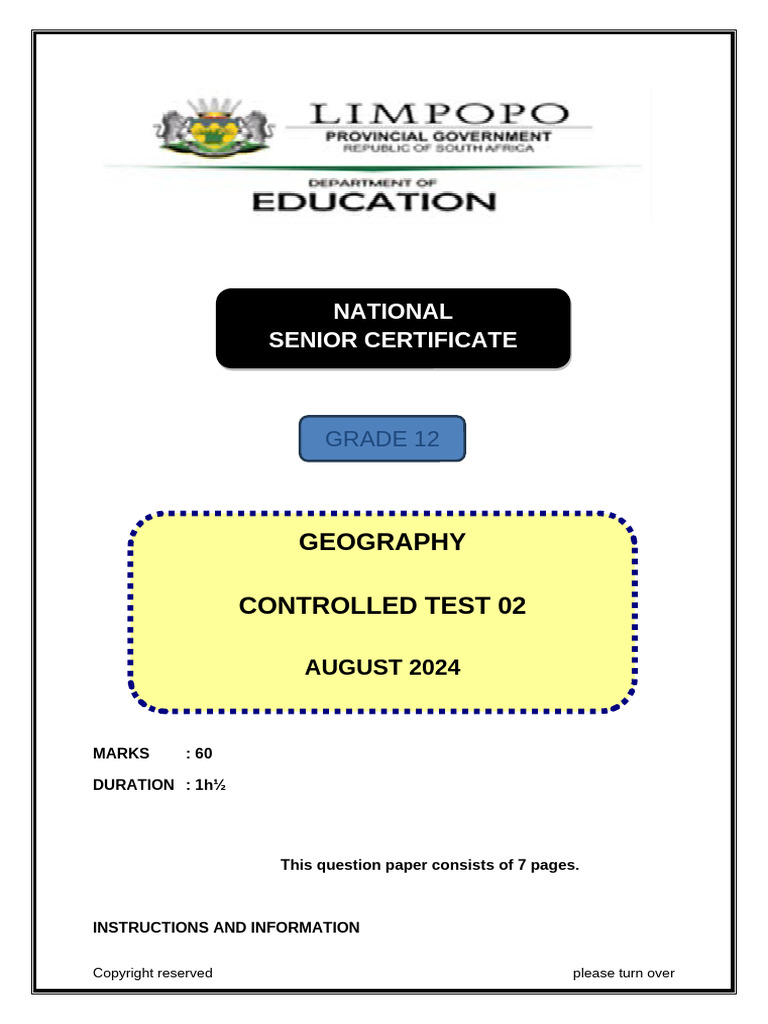 Grade 12 Geography Test 2 August 2024 | PDF