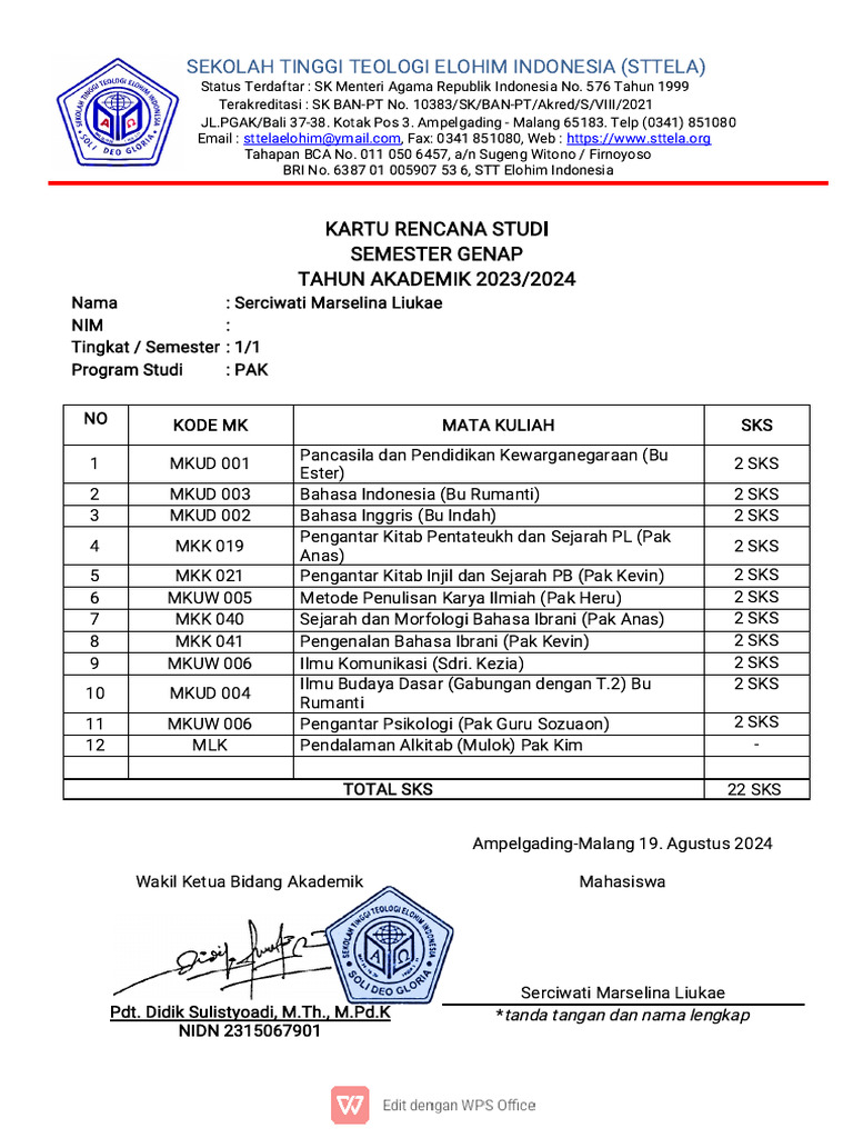 Form Krs Mahasiswa Yabes | PDF