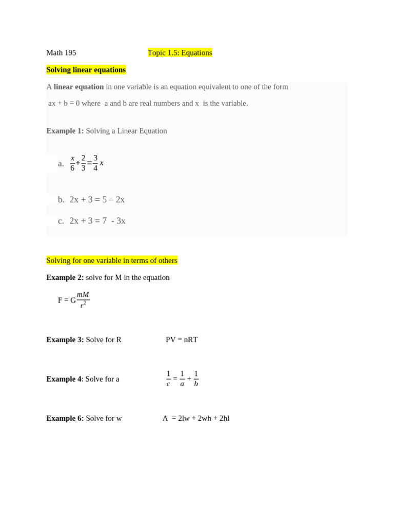 Topic 1.5 Equations Math 195 | PDF