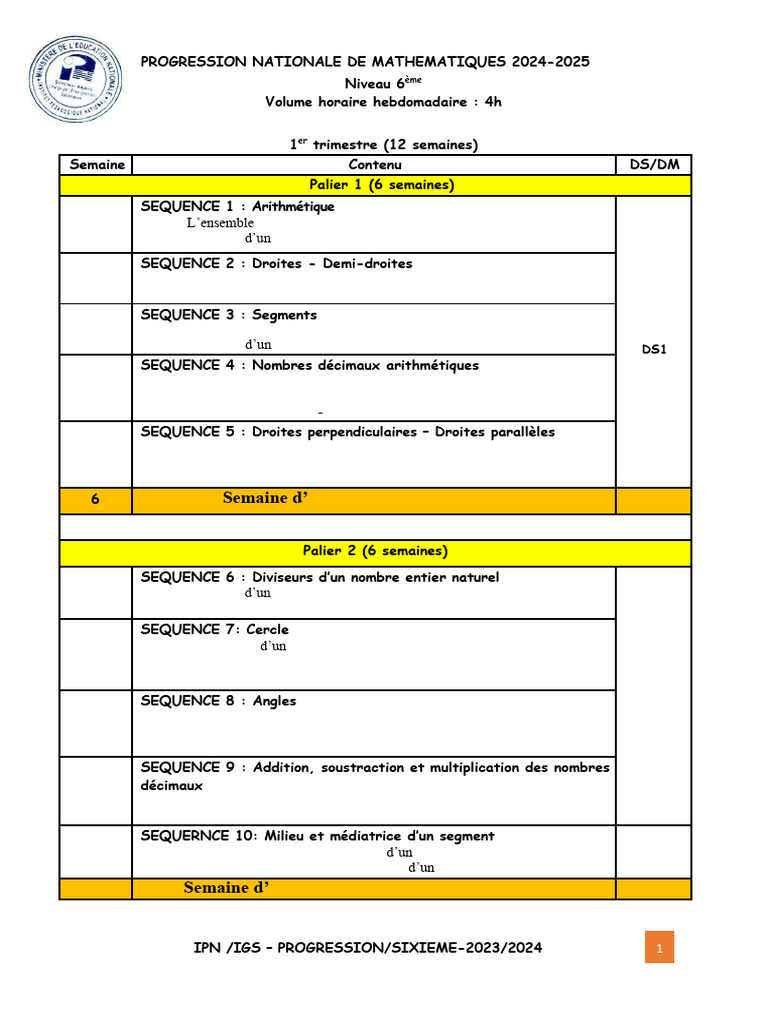 Progression 6ème 2024 2025 IPN IGS PDF | PDF