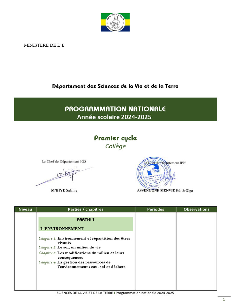 Programmation Nationale SVT 2024-2025 | PDF