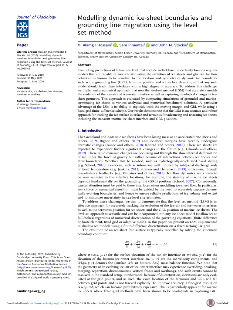 Modelling Dynamic Ice-Sheet Boundaries and Grounding Line Migration Using The Level Set Method | PDF