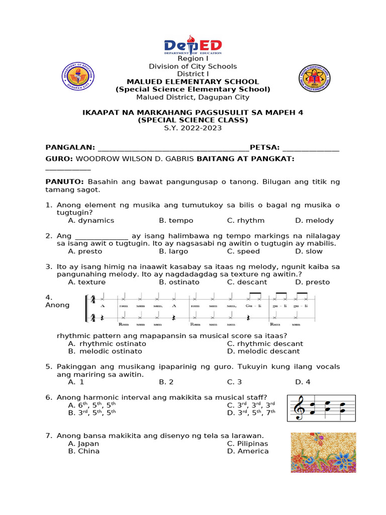 4TH QUARTER EXAM - MAPEH 4 - Regular | PDF