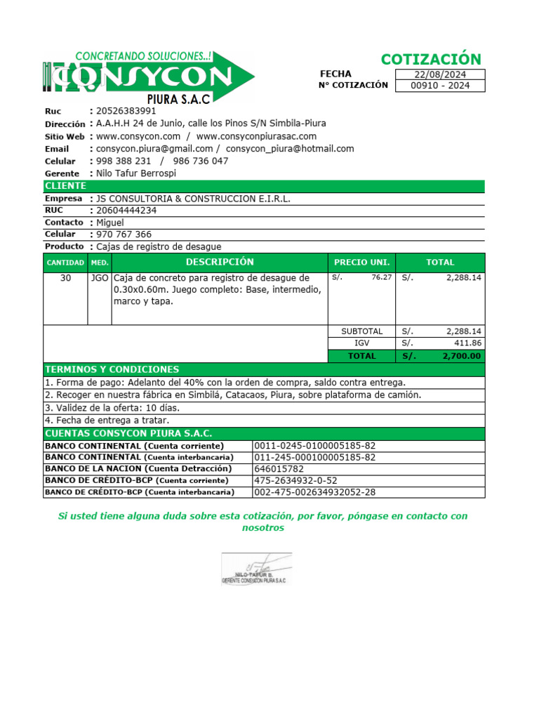 Js - Cotizacion 00910-2024 Desague | PDF