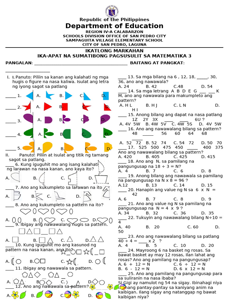 Q3 - MATH 3 - 4th SUMMATIVE TEST FINAL | PDF
