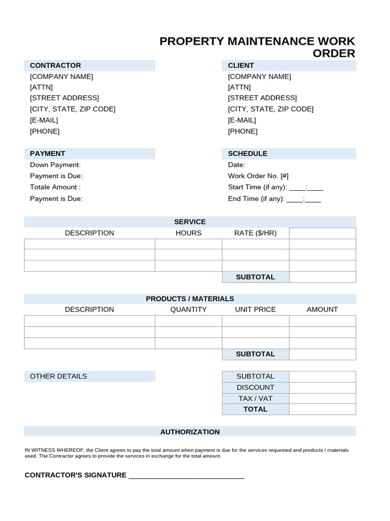 Work Order Template 01 Pdf