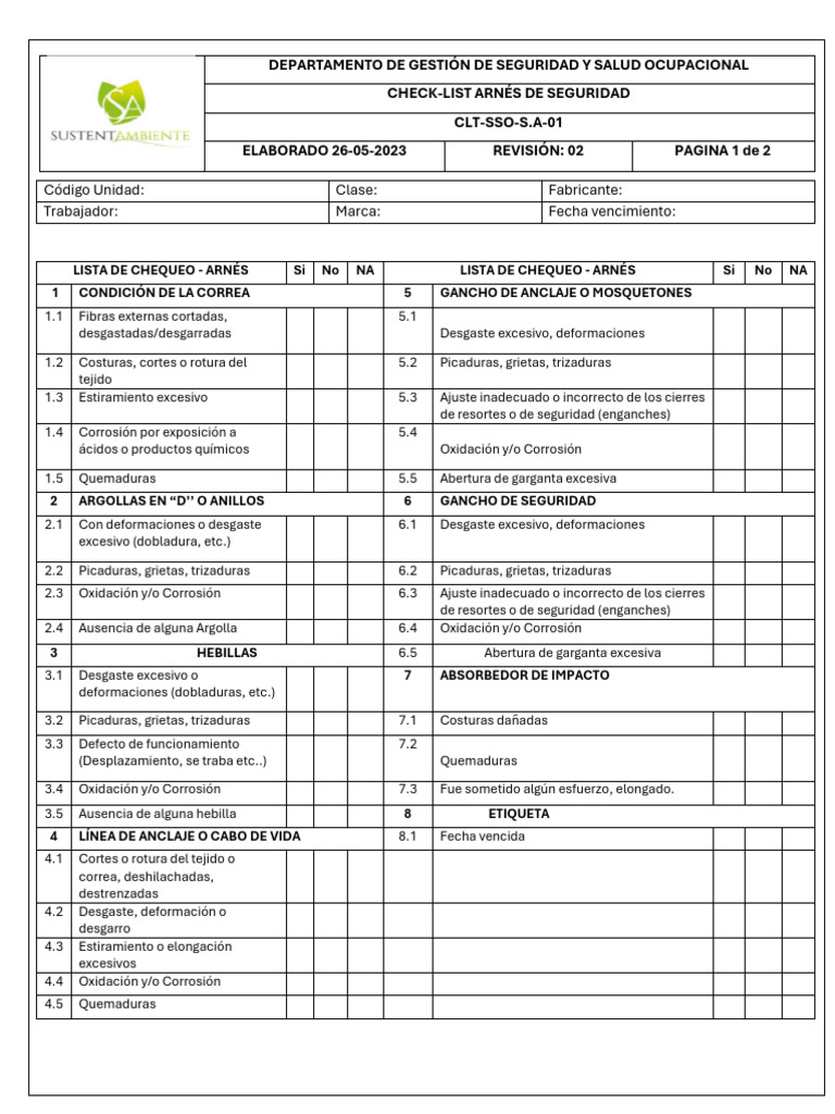 Check-List Arnes de Seguridad 2 | PDF