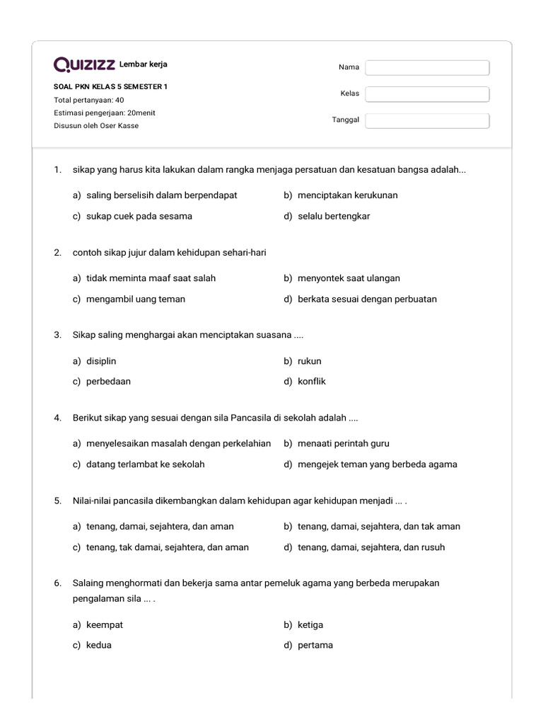 SOAL PKN KELAS 5 SEMESTER 1 - Quizizz | PDF