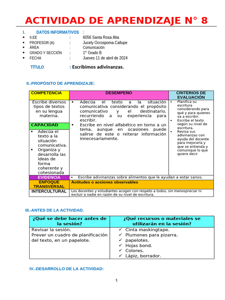 Sesión Escribimos Adivinanzas | PDF