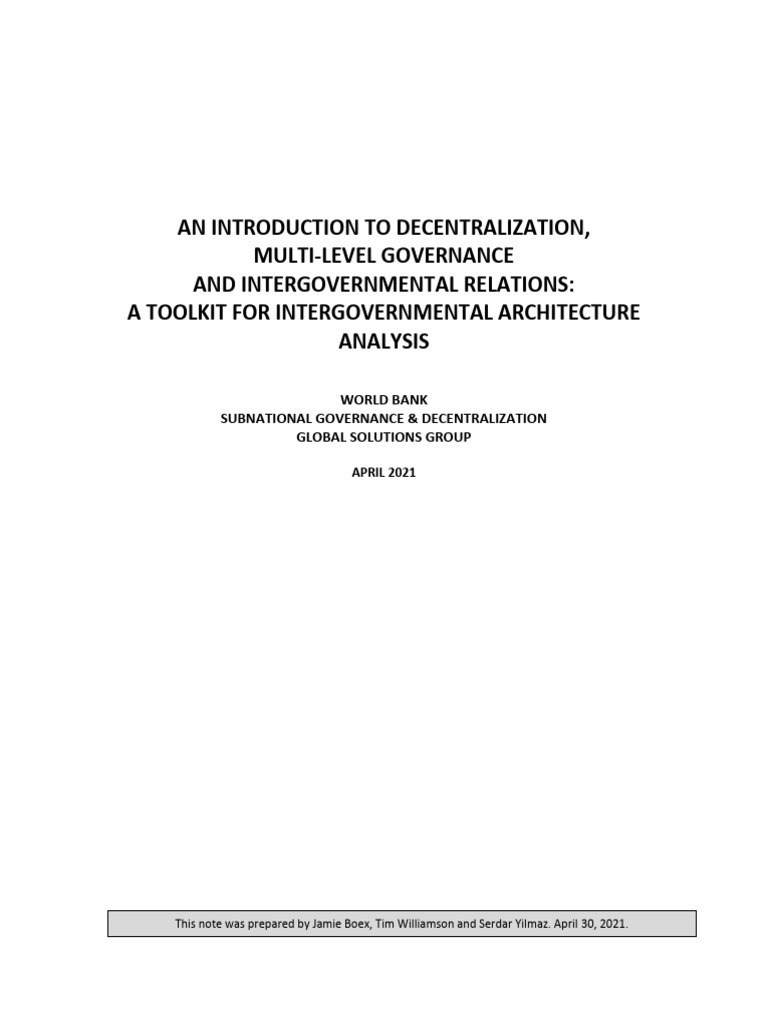 An Introduction To Decentralization Multi Level Governance and Intergovernmental Relations A ...