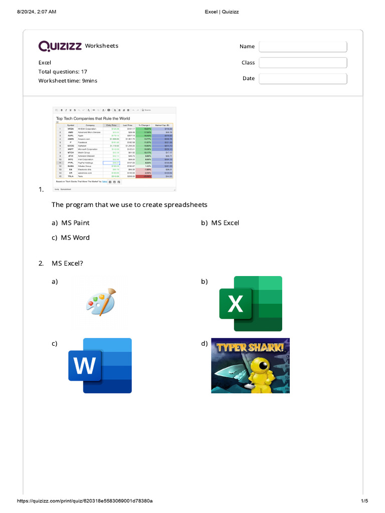 Excel - Quizizz | PDF