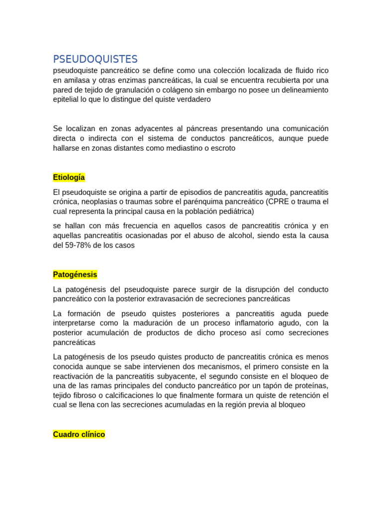 Pseudoquistes y Quistes Pancreaticos | PDF