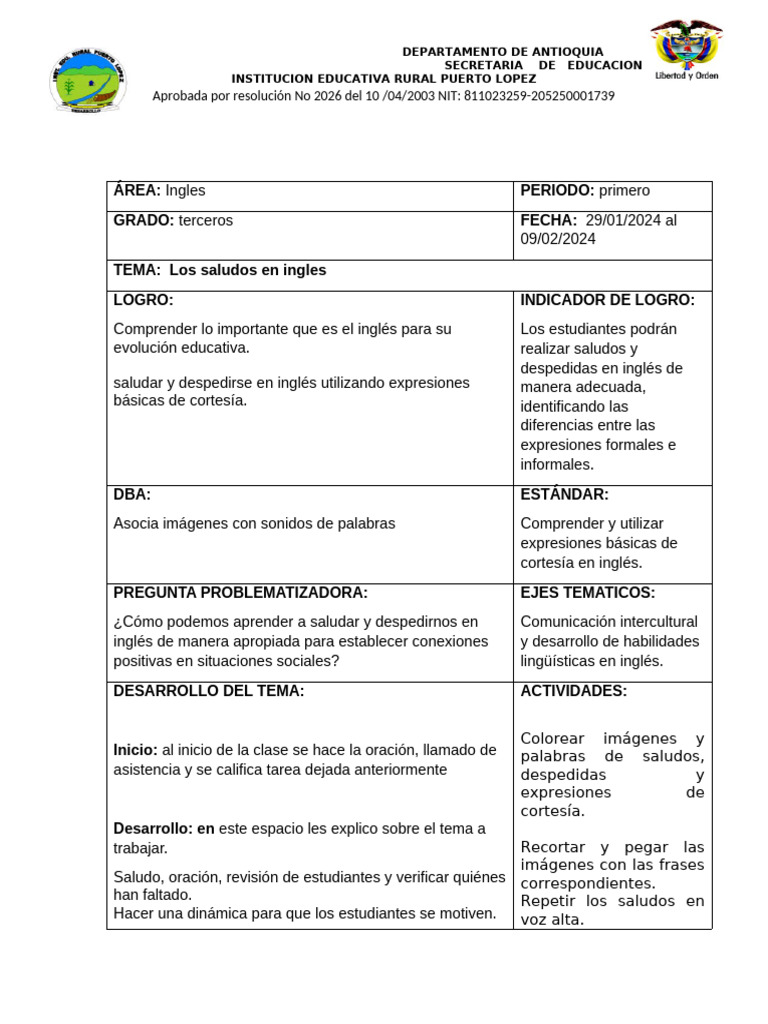 Planeación de Ingles Tercero | PDF