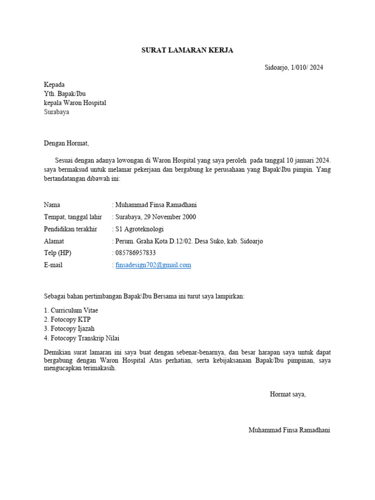 Lamaran Kerja Waron Hospital M. Finsa Ramadhani | PDF