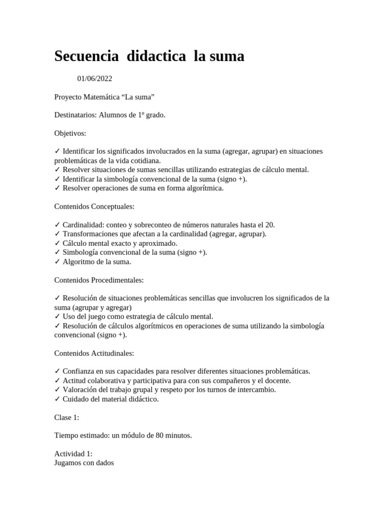 Secuencia Didáctica: Sumas para 1º Grado | PDF | Los símbolos